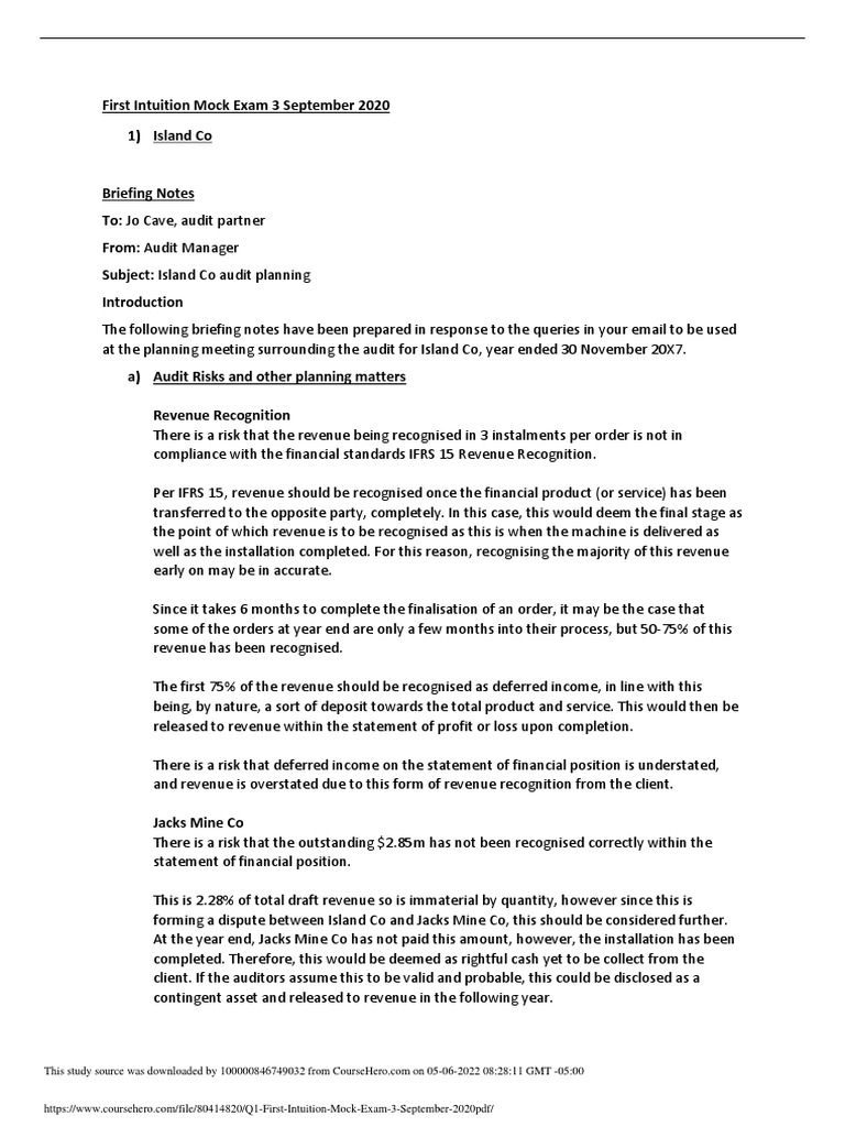 Q1 First Intuition Mock Exam 3 September 2020 PDF | PDF | Audit | Risk