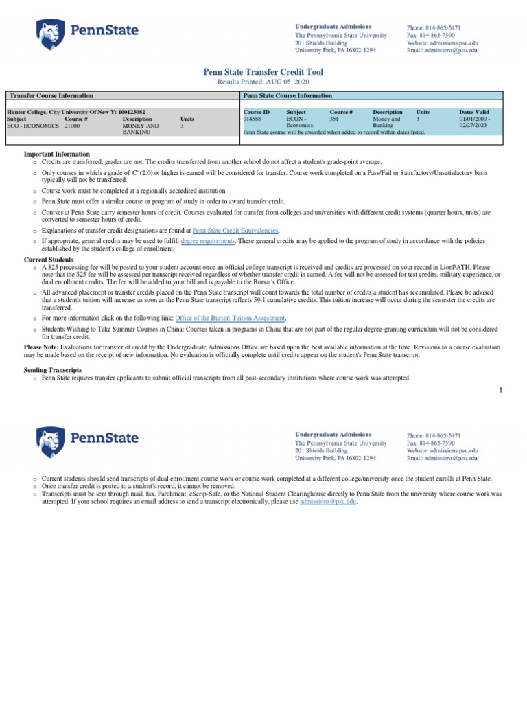 Penn State Transfer Credit Guide | PDF | Pennsylvania State University ...