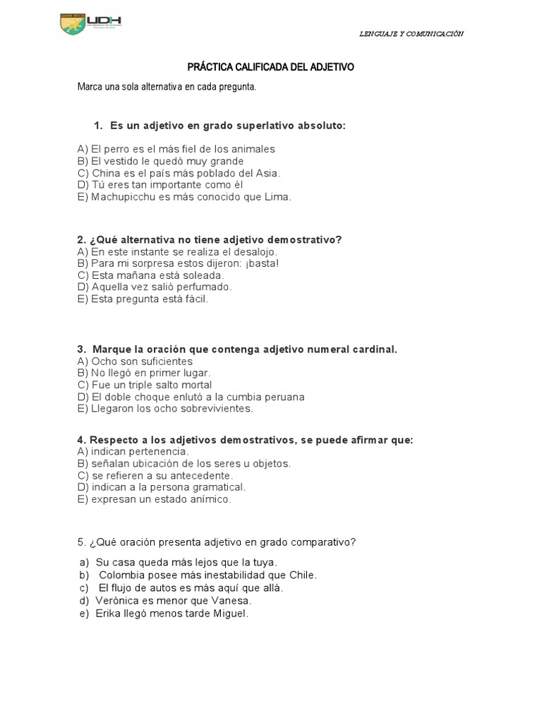 Ejercicios sobre Adjetivos Calificativos | PDF