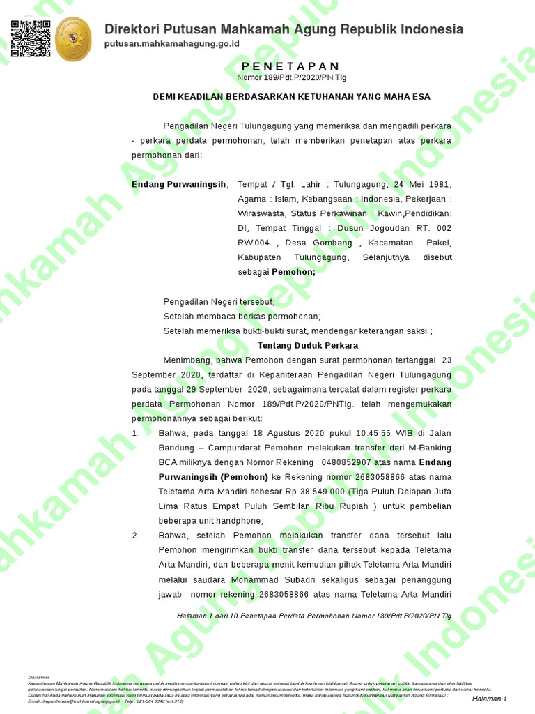 Putusan 189 PDT.P 2020 PN TLG 20220409 | PDF