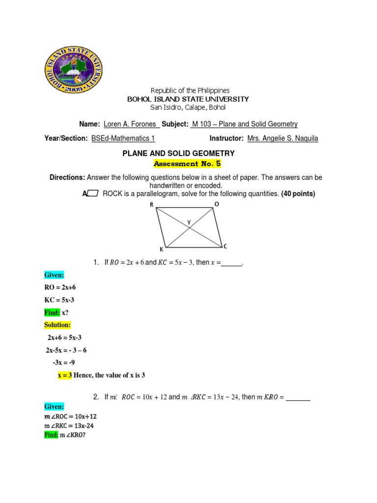 M 103-Assessment 5 (Forones, Loren) | PDF | Rectangle | Elementary Mathematics