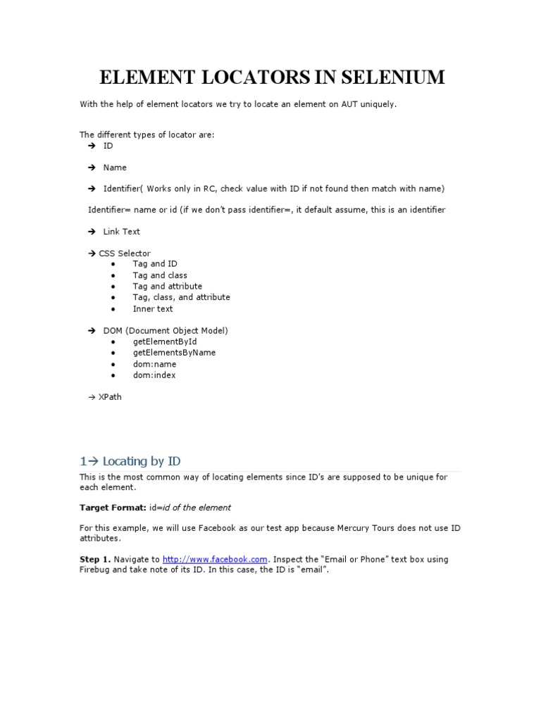 Element Locators In Selenium 1 Locating By Id Pdf Html Element