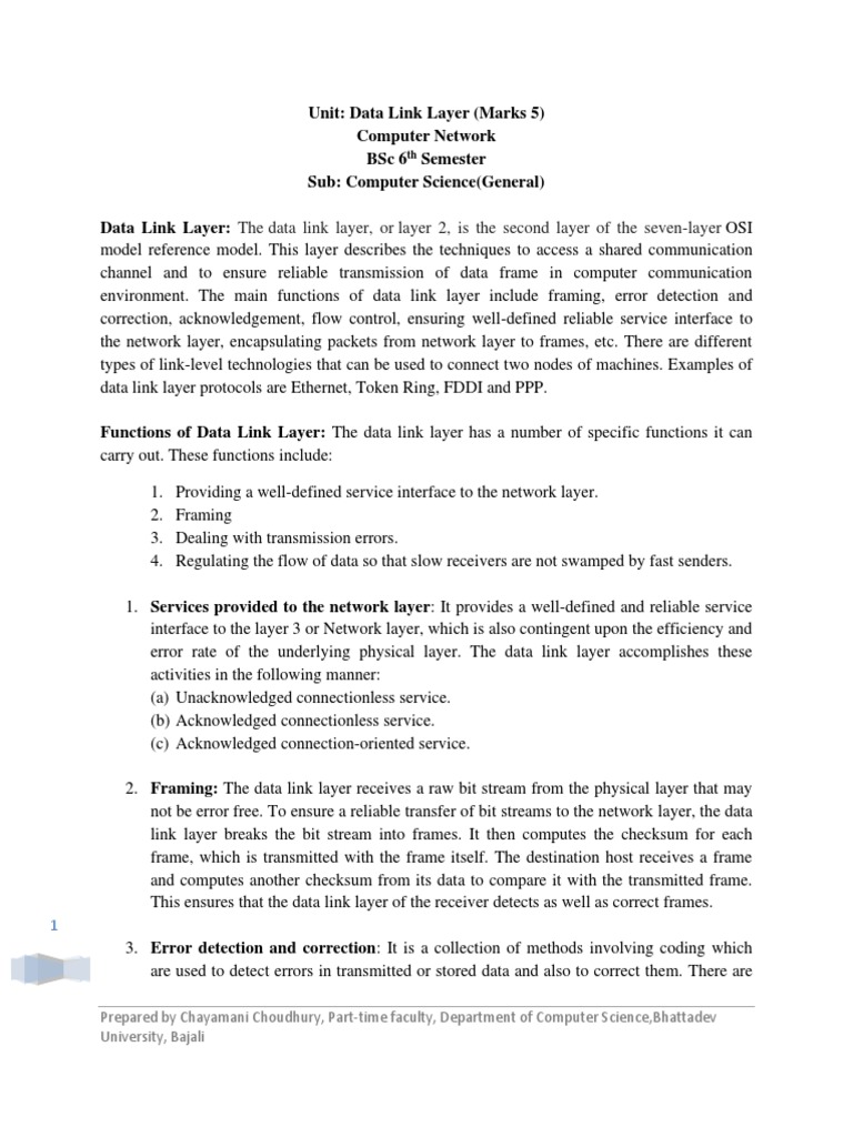 Unit: Data Link Layer (Marks 5) Computer Network BSC 6 Semester Sub: Computer Science (General ...