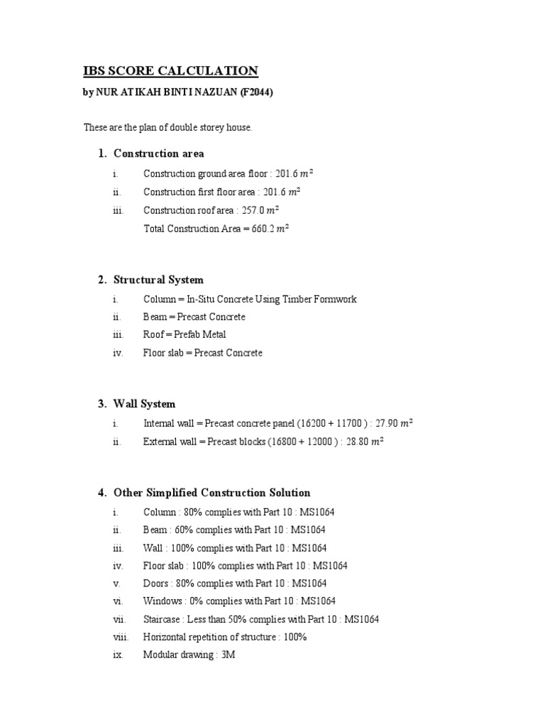 Ibs Score Calculation: 1. Construction Area | PDF | Precast Concrete | Wall