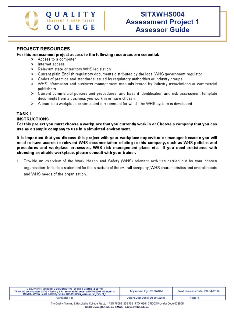 Sitxwhs004 Assessment Project 1 Assessor Guide | PDF | Occupational ...