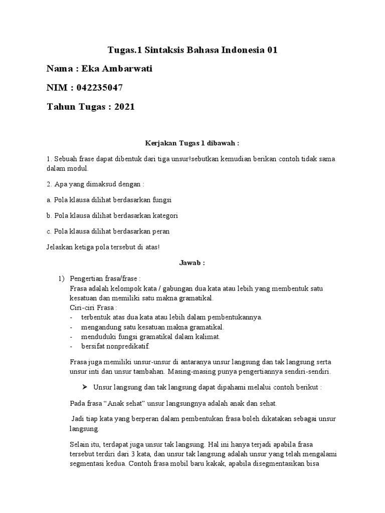 Tugas 1 Sintaksis B.ind Sem 2 | PDF