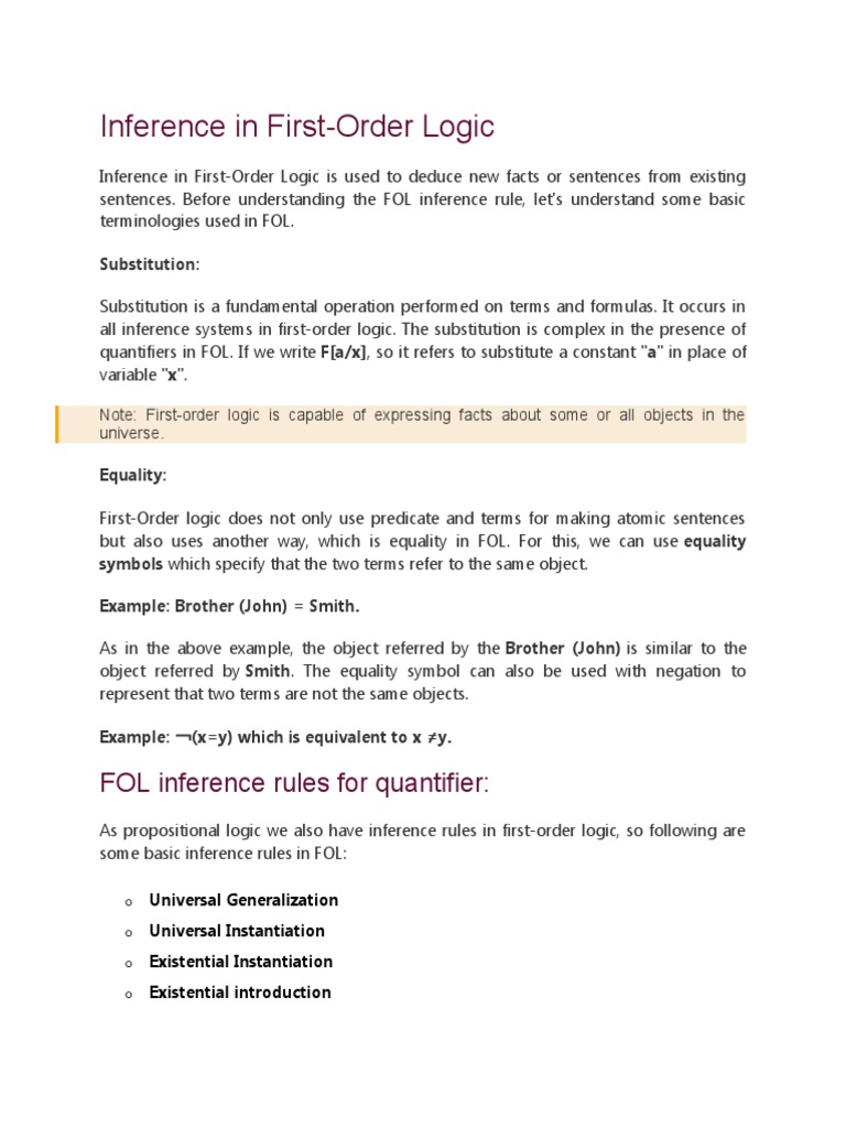 Inference in First-Order Logic: FOL Inference Rules For Quantifier ...