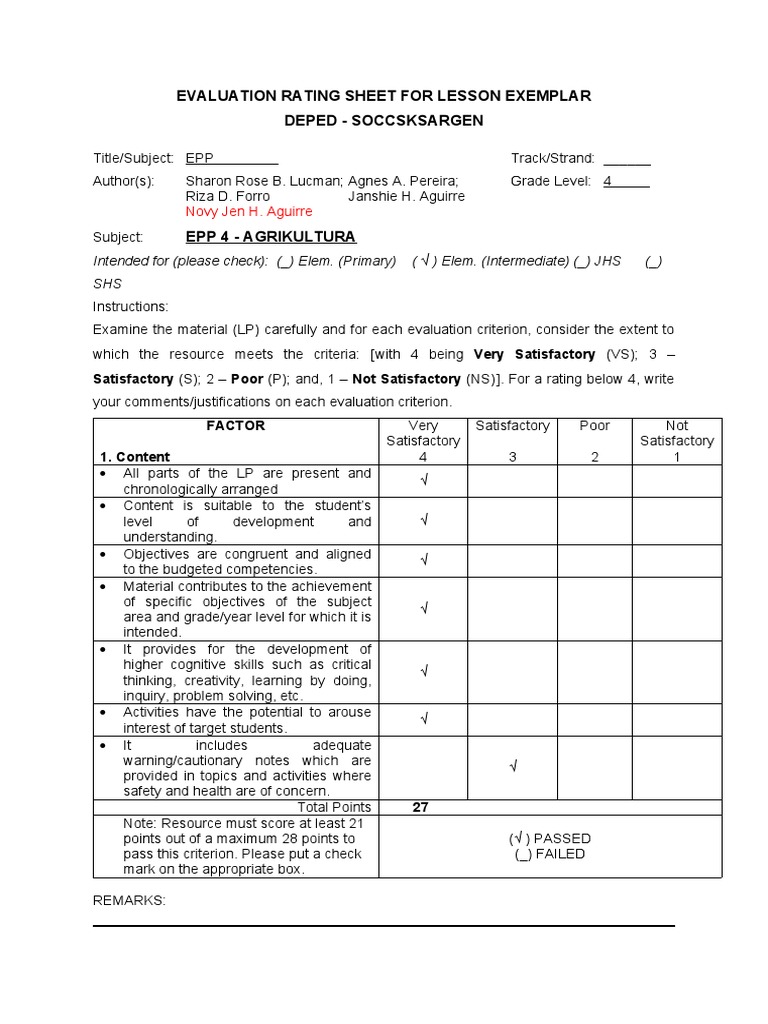 Evaluation Rating Sheet For Lesson Exemplar Deped - Soccsksargen | PDF ...