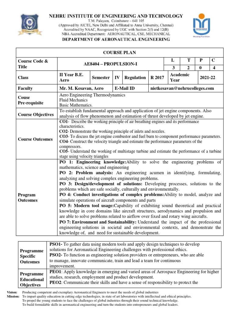 Course Plan, Lesson Plan and CO-PO Mapping Format | PDF | Jet Engine ...