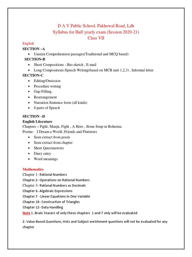 Dav Syllabus Class 7 | PDF