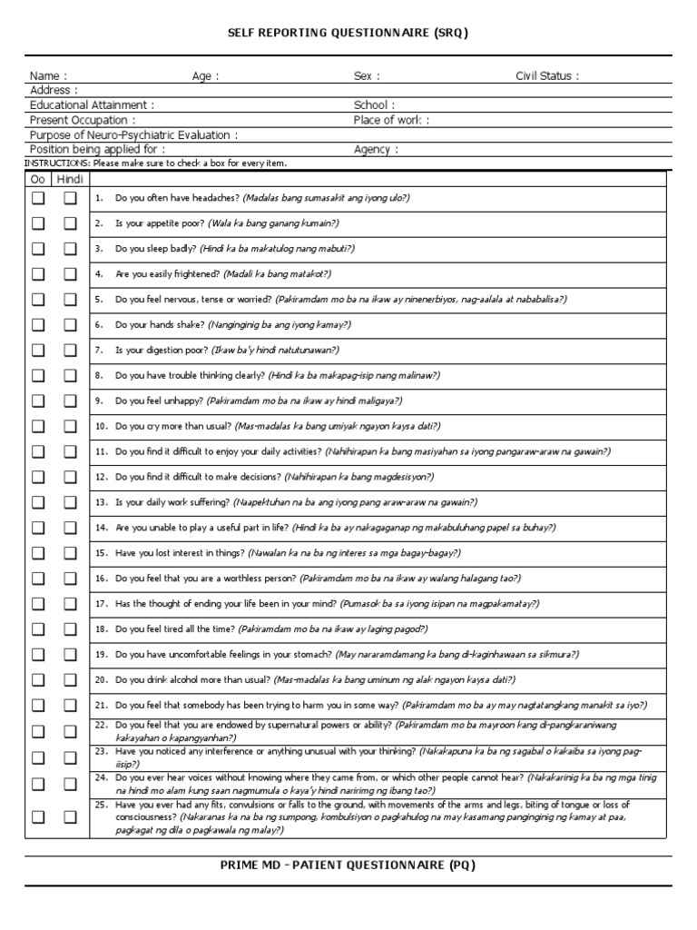 Self Reporting Questionnaire (SRQ) | Download Free PDF | Emotions | Symptoms And Signs