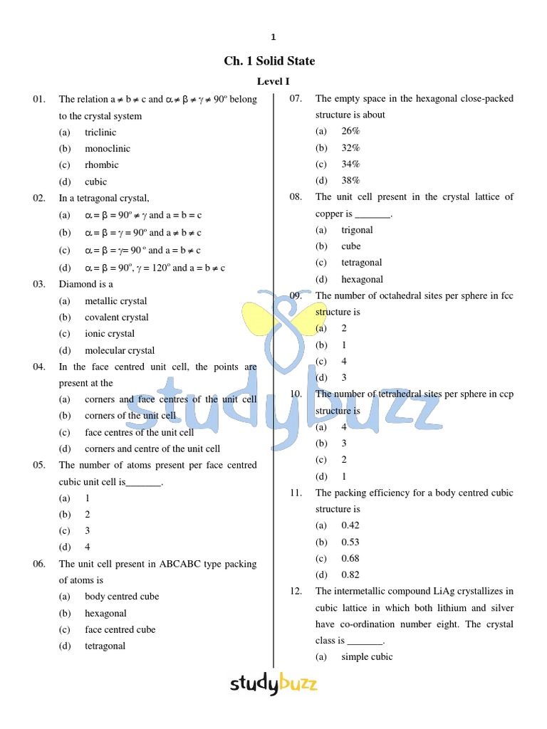 Solid State - (Level I, II &III) - MCQ | PDF | Crystal Structure | Crystal