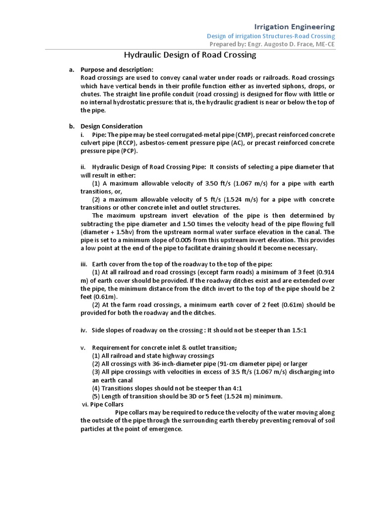 Hydraulic Design of Road Crossing: Irrigation Engineering | PDF ...