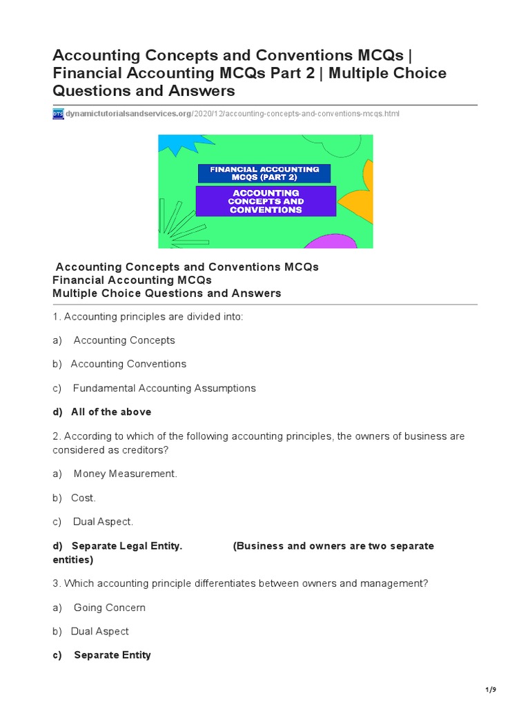 Accounting Concepts and Conventions MCQs Financial Accounting MCQs Part ...