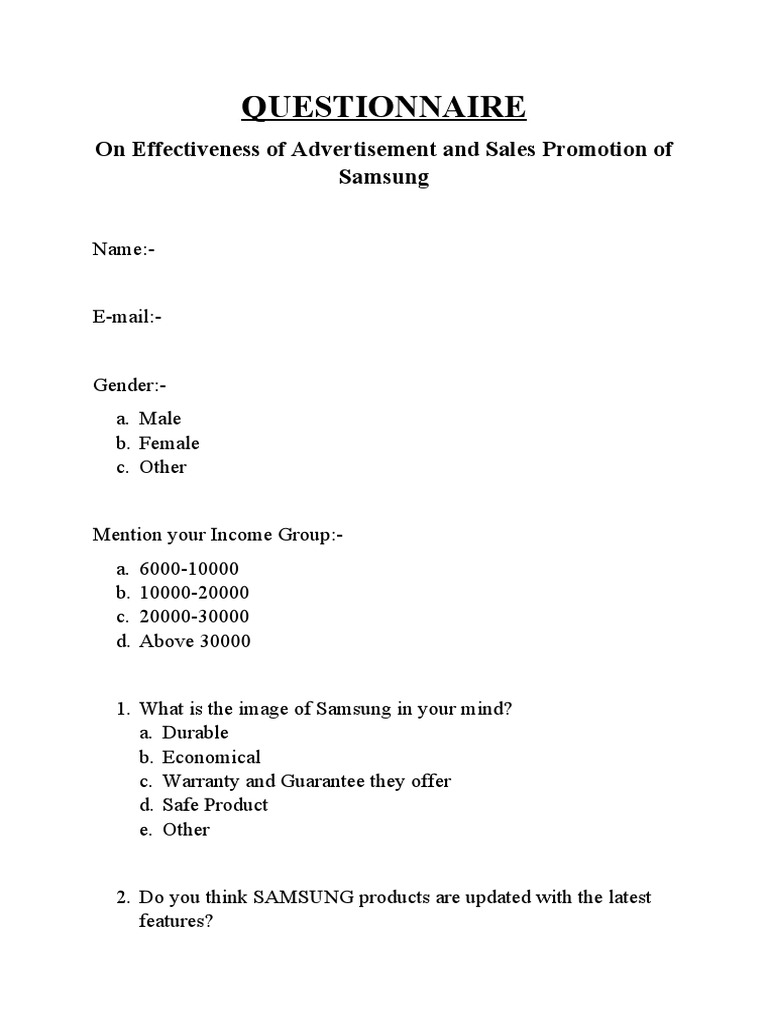 QUESTIONNAIRE | PDF | Samsung | Advertising