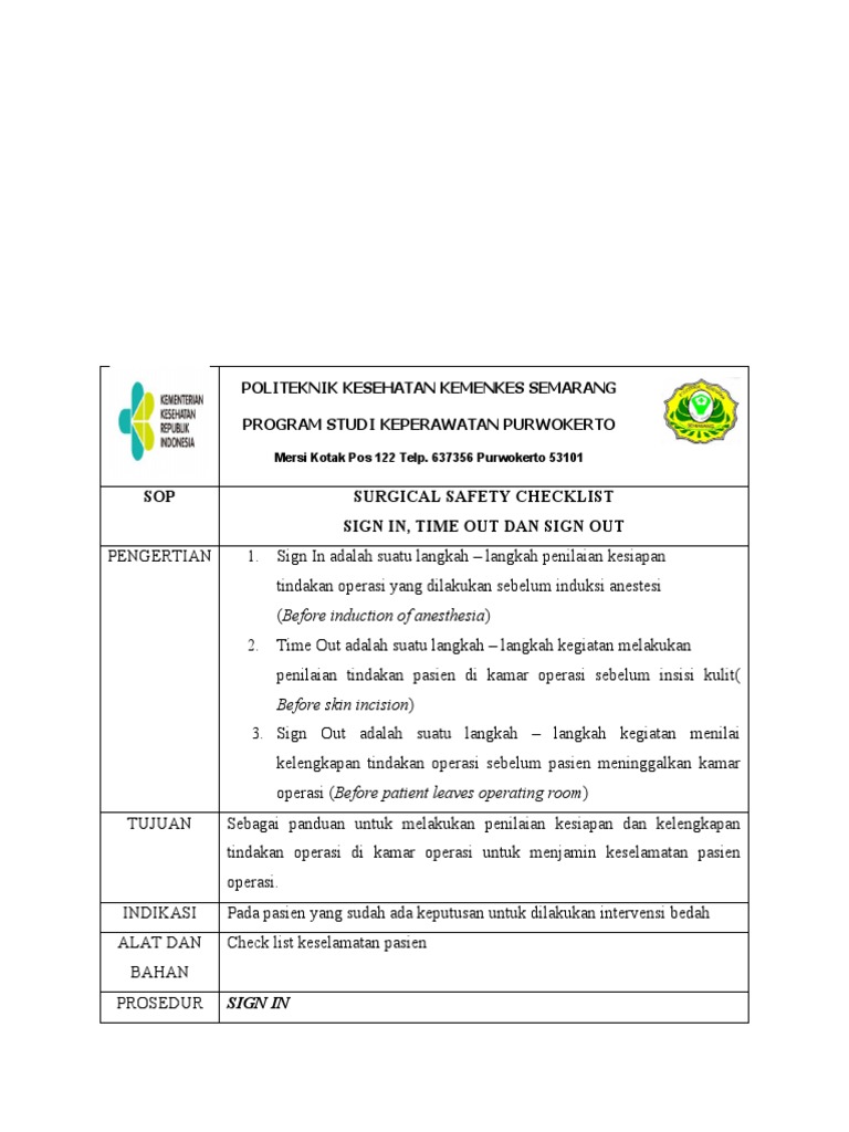 SOP Surgical Safety Checklist Sign In, Time Out Dan Sign Out | PDF