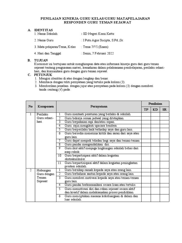 Du 19 Penilaian Kinerja Guru Reponden Guru Teman Sejawat | PDF