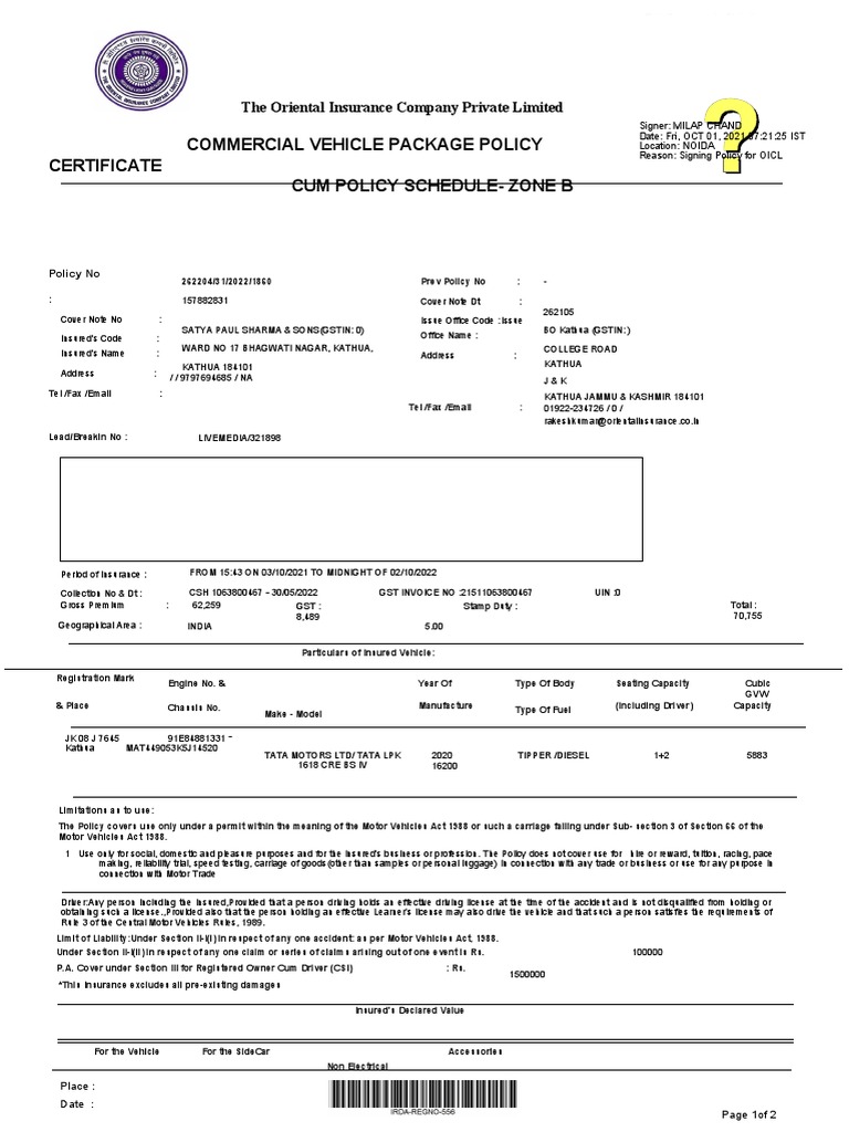 Commercial Vehicle Package Policy Certificate Cum Policy Schedule-Zone ...