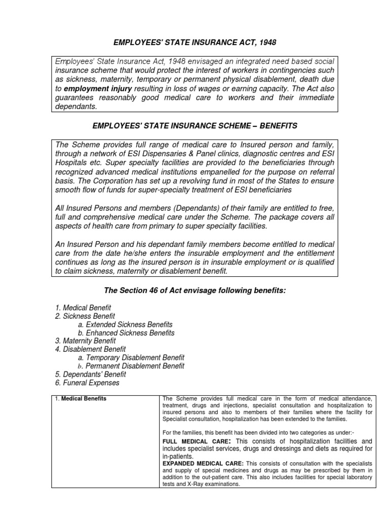 Employees' State Insurance Act, 1948 | PDF | Health Care | Diseases And ...