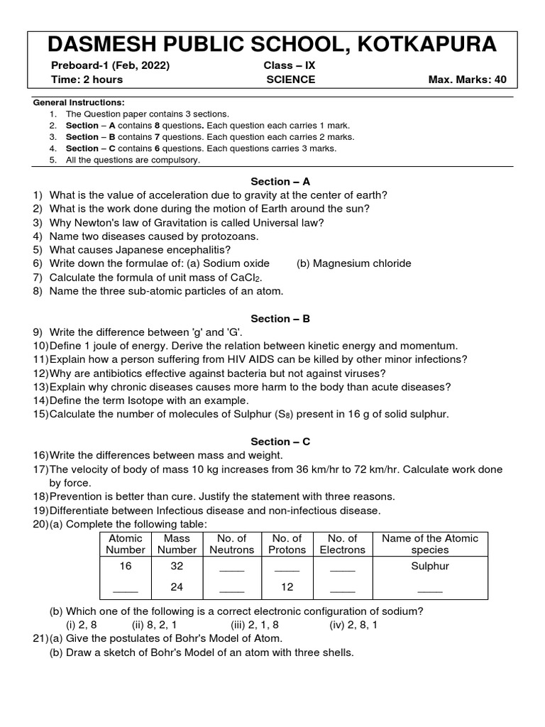 Std. 9th Science (40 Marks) - Preboard-1 (Feb. 2022) | PDF | Mass | Atoms