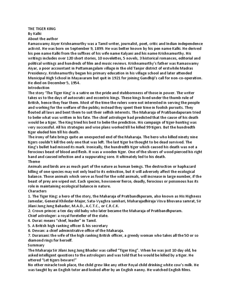 The Tiger King | PDF | Kalki Krishnamurthy | Tiger