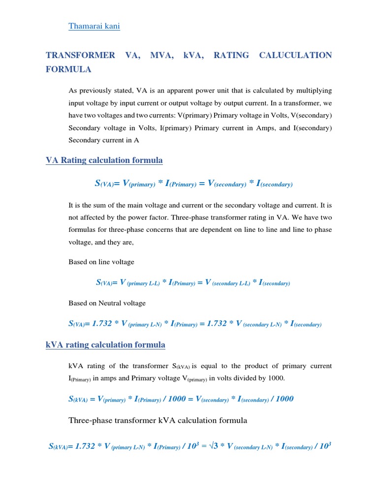Transformer VA, MVA, KVA, Rating Calculation | PDF | Transformer ...