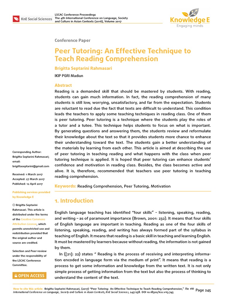 Peer Tutoring For Reading Skills | PDF | Reading Comprehension | Learning