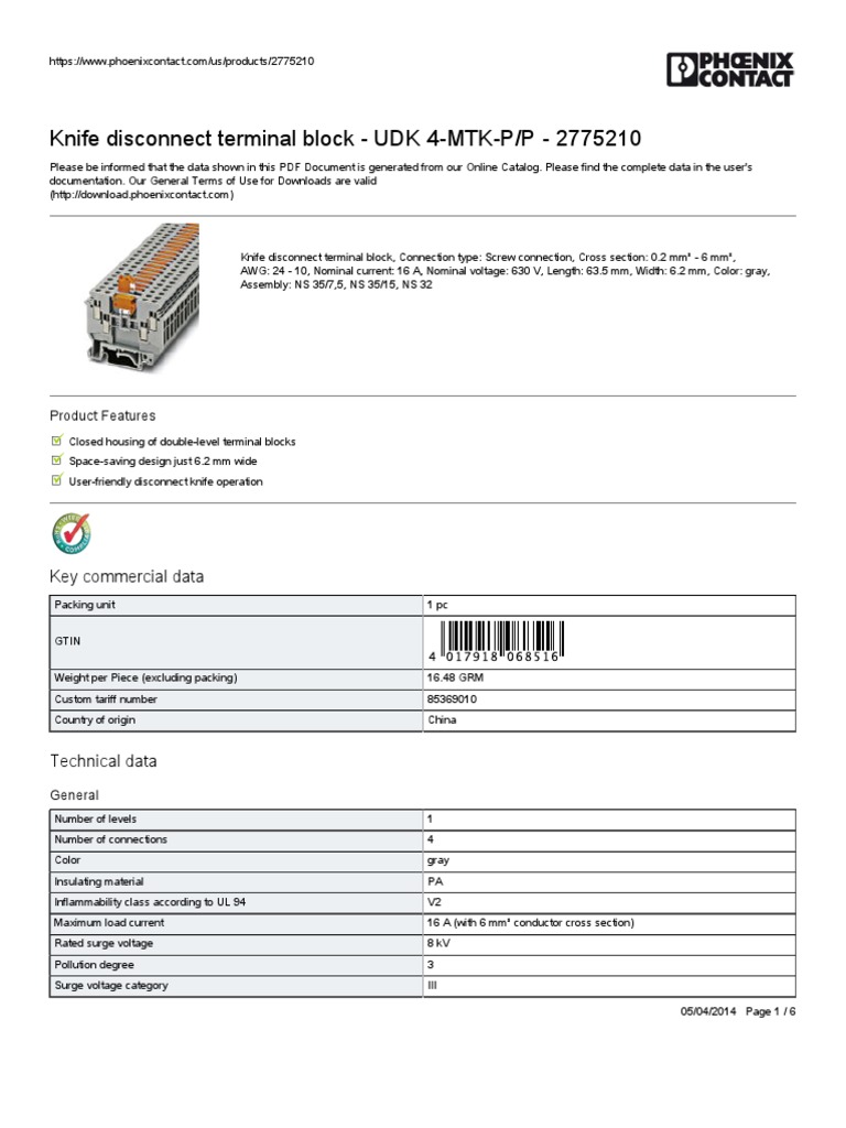 Knife Disconnect Terminal Block - UDK 4-MTK-P/P - 2775210: Key ...