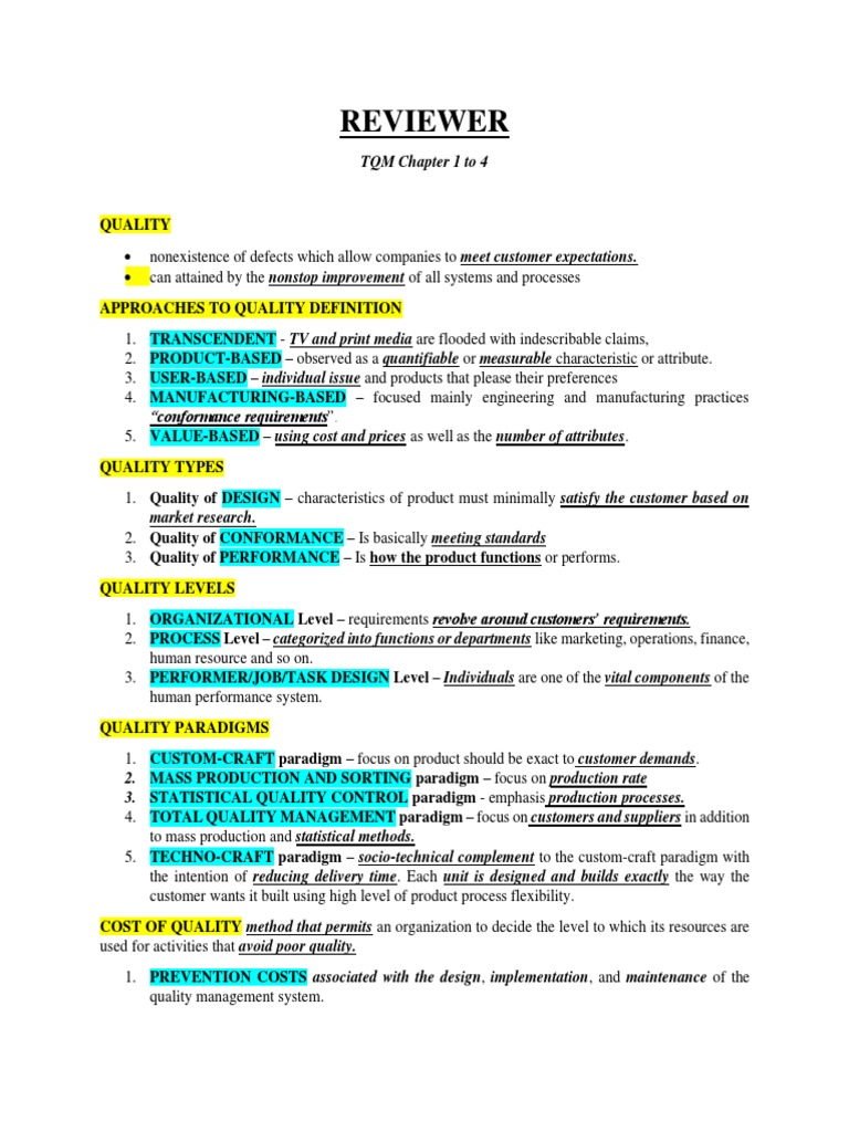 Reviewer: TQM Chapter 1 To 4 | PDF | Quality (Business) | Quality ...