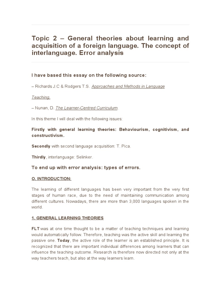 Topic 2 - General Theories About Learning and Acquisition of A Foreign ...
