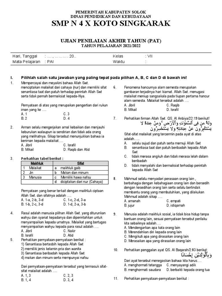 Soal PAT PAI Kelas VII | PDF