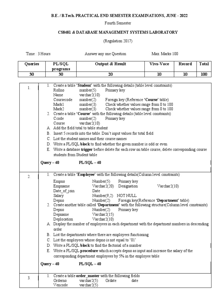 Database Management Systems Laboratory End Semester Examination - June ...