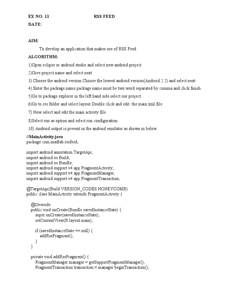 Ex No 11 Rss Feed Date Aim Algorithm Pdf Android Operating System Parsing