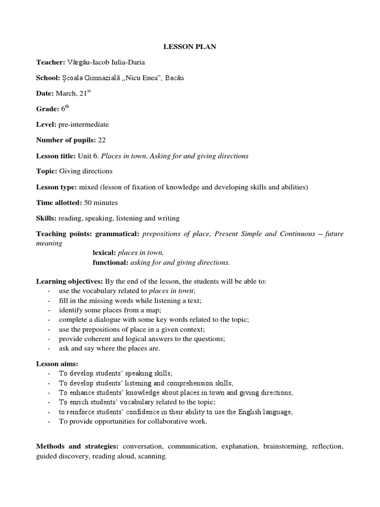 6th Grade English Lesson Plan: Directions | PDF | Lesson Plan ...