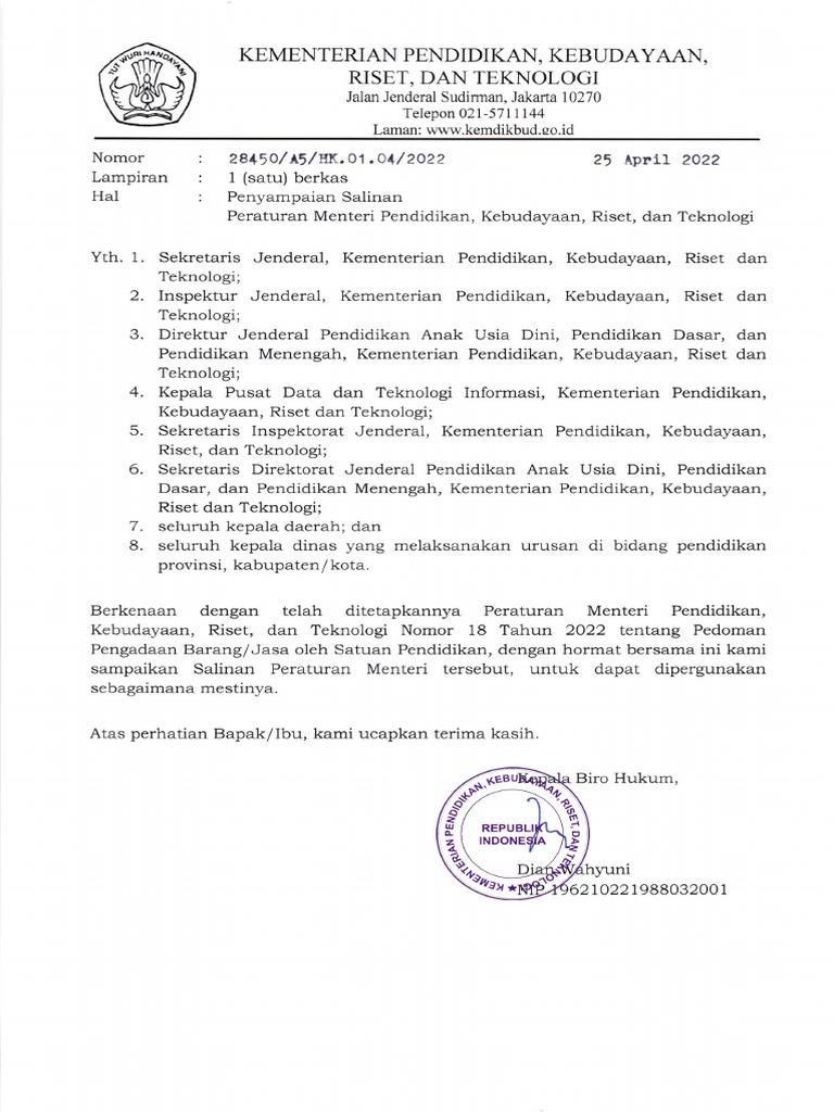 Salinan Permendikbudristek Nomor 18 Tahun 2022 Cap | PDF