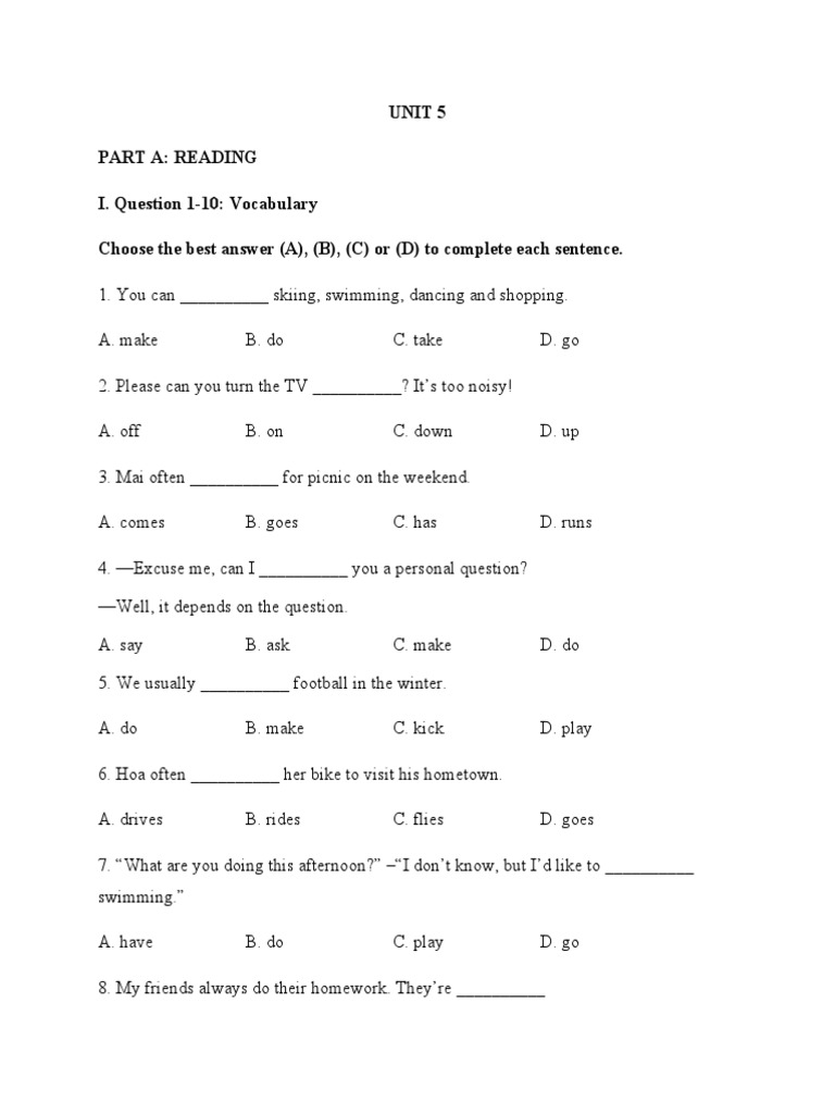 Unit 5 Part A: Reading I. Question 1-10: Vocabulary Choose The Best ...