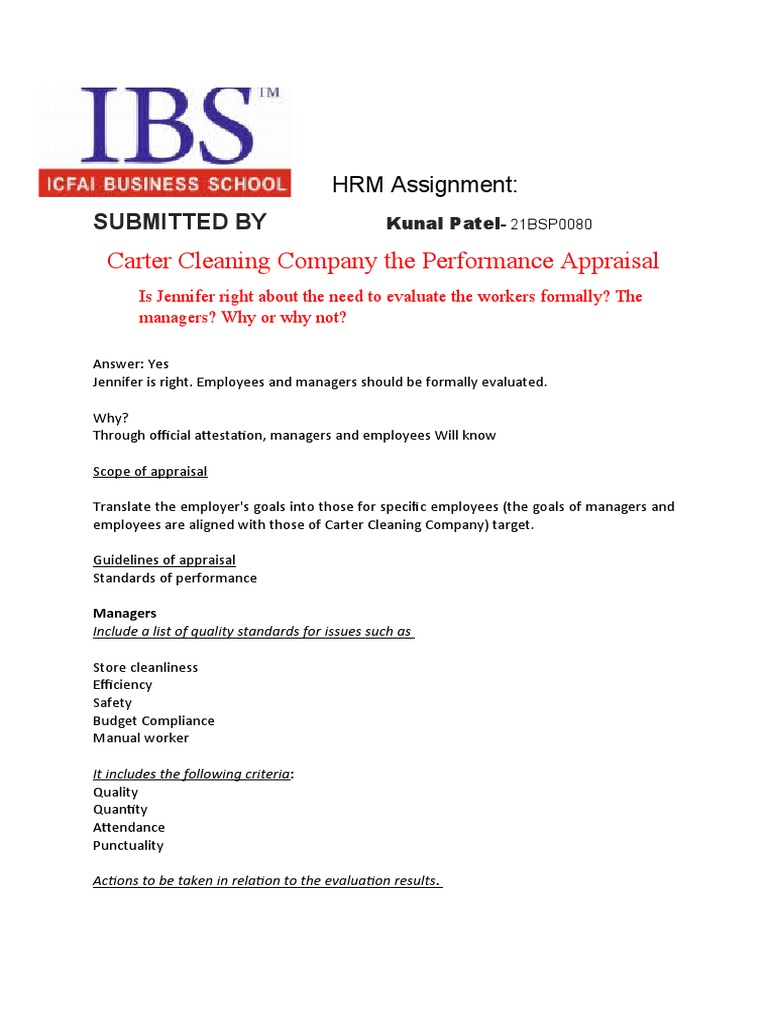 Carter Cleaning Company The Performance Appraisal: Submitted by | PDF ...
