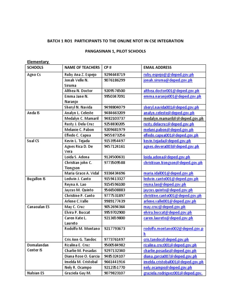 BATCH 1 RO1 PARTICIPANTS TO THE ONLINE NTOT IN CSE INTEGRATION Pang 1 - Pilot Schools 1 | PDF