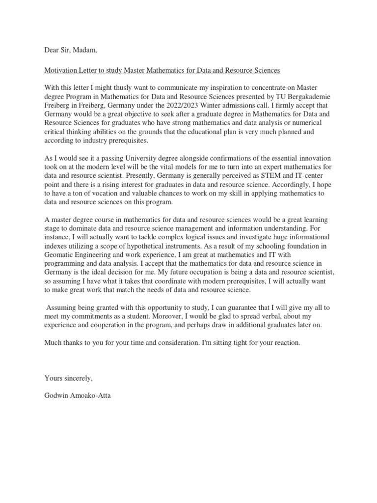 Motivation Letter for Master's in Germany | PDF
