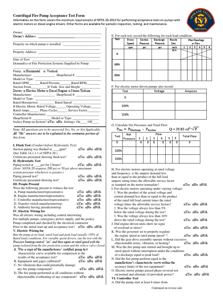 Fire Pump Acceptance Test Form | PDF | Pump | Mechanical Engineering