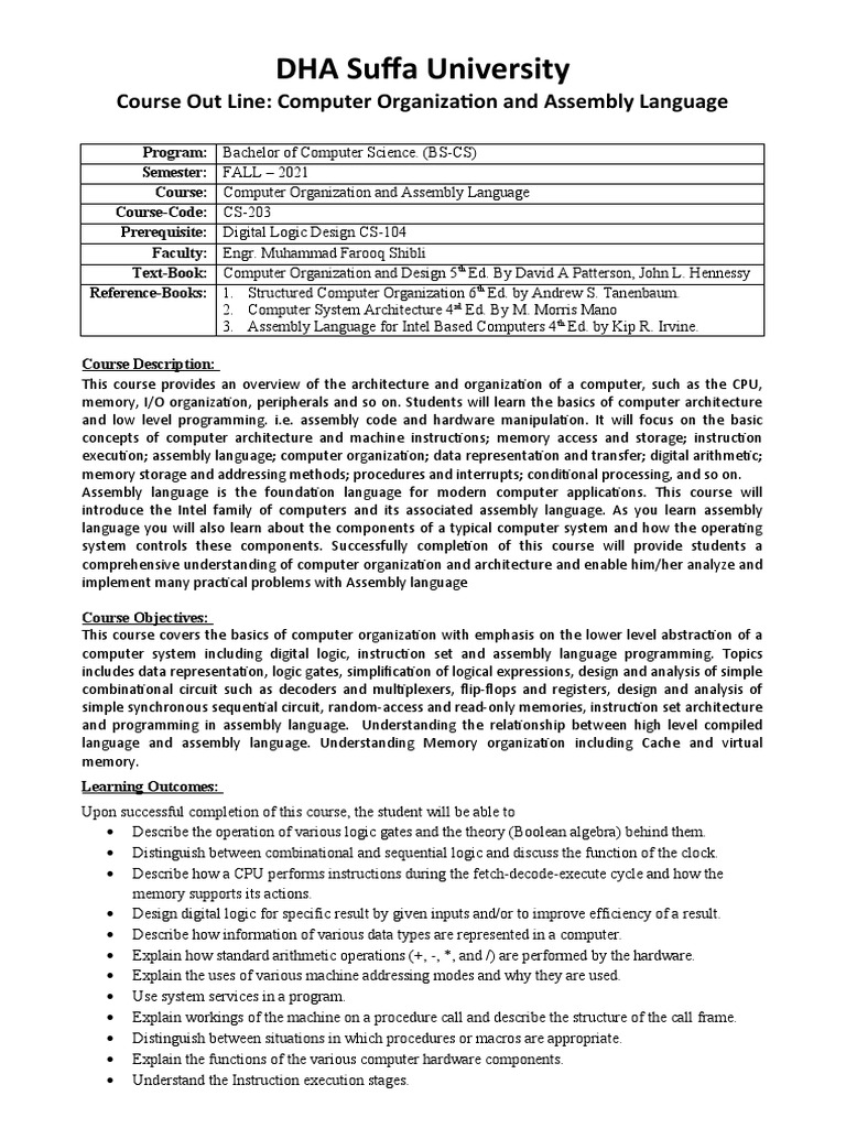 DHA Suffa University Course Outline: Computer Organization and Assembly Language | PDF ...