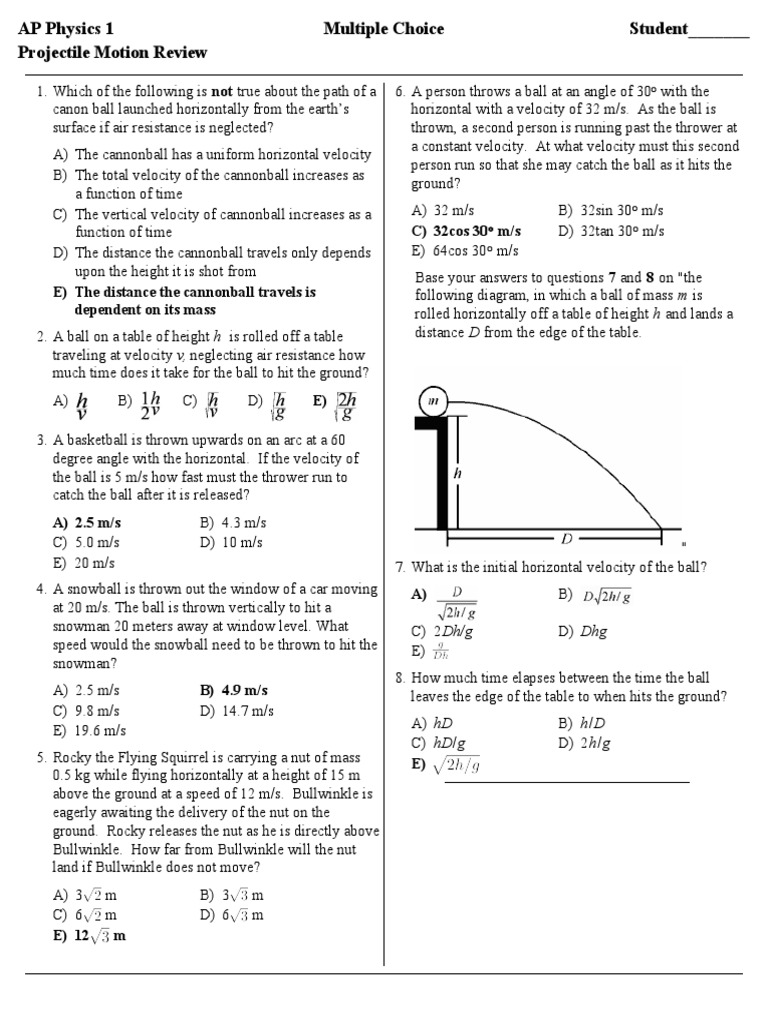 AP Physics 1 Projectile Motion MCQs | PDF | Projectiles | Mechanics