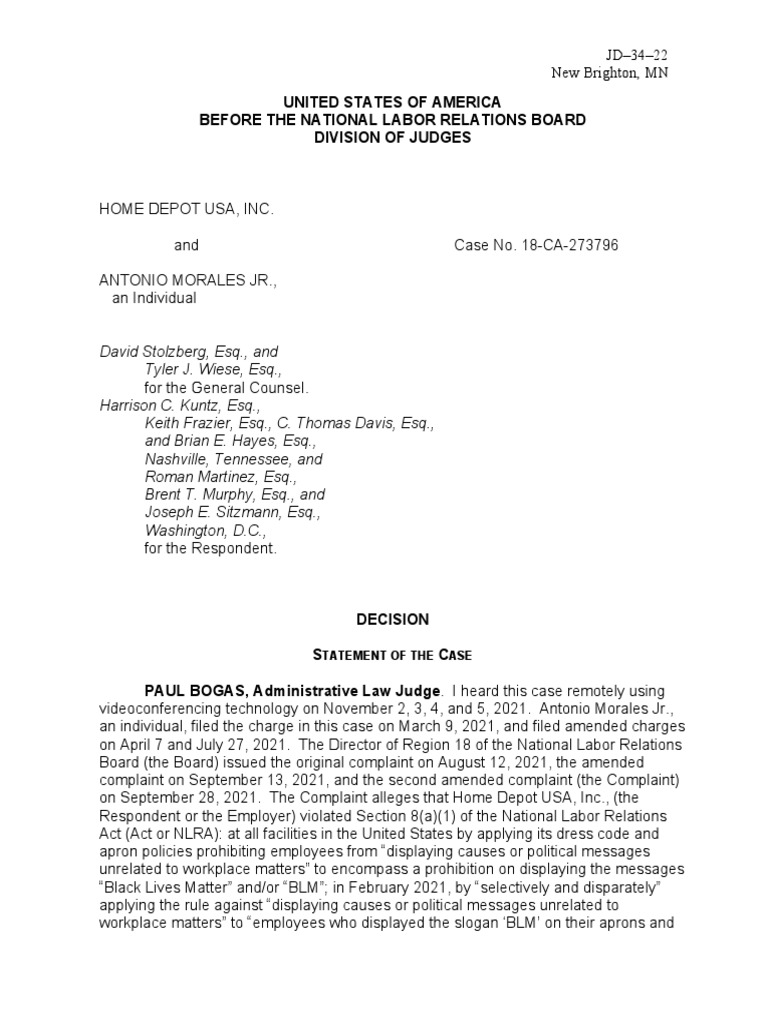 NLRB ALJ Decision - Home Depot BLM | PDF | Black Lives Matter