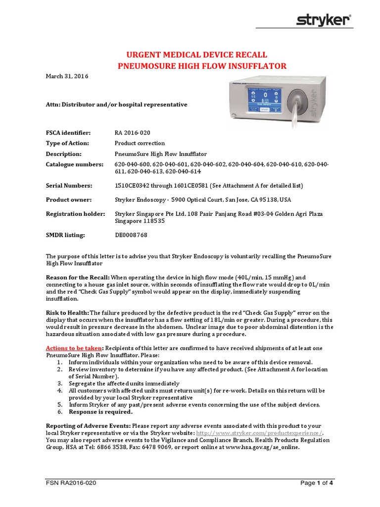Urgent Medical Device Recall Pneumosure High Flow Insufflator | PDF ...