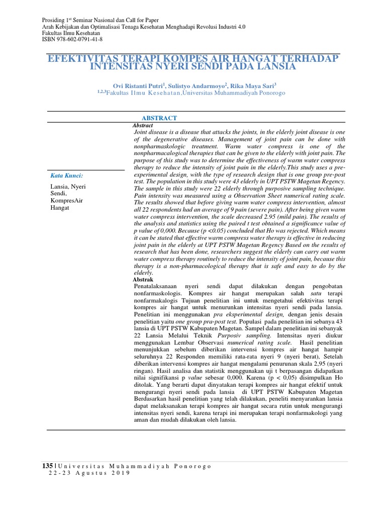 Efektivitas Terapi Kompes Air Hangat Terhadap Intensitas Nyeri Sendi Pada Lansia | PDF | Nyeri ...