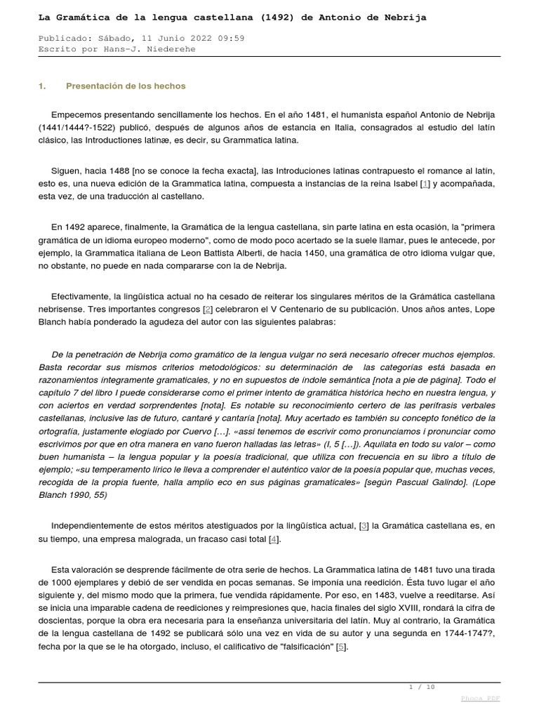 La Gramática de la lengua castellana (1492) de Antonio de Nebrija | PDF ...