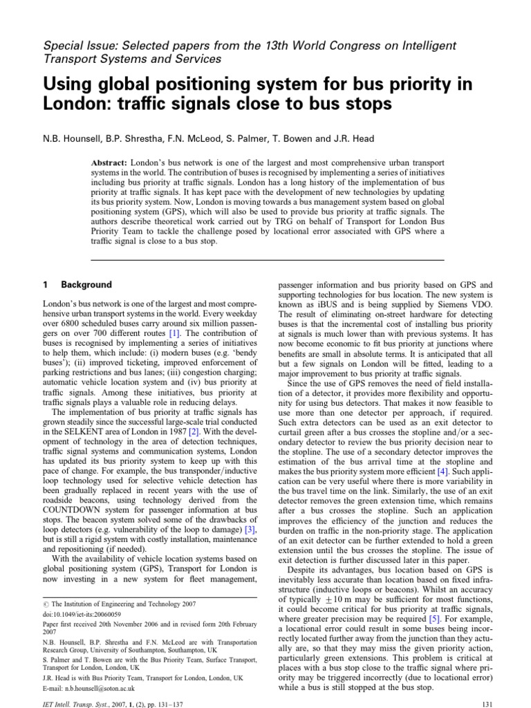 Using Global Positioning System For Bus Priority in London: Traffic Signals Close To Bus Stops ...