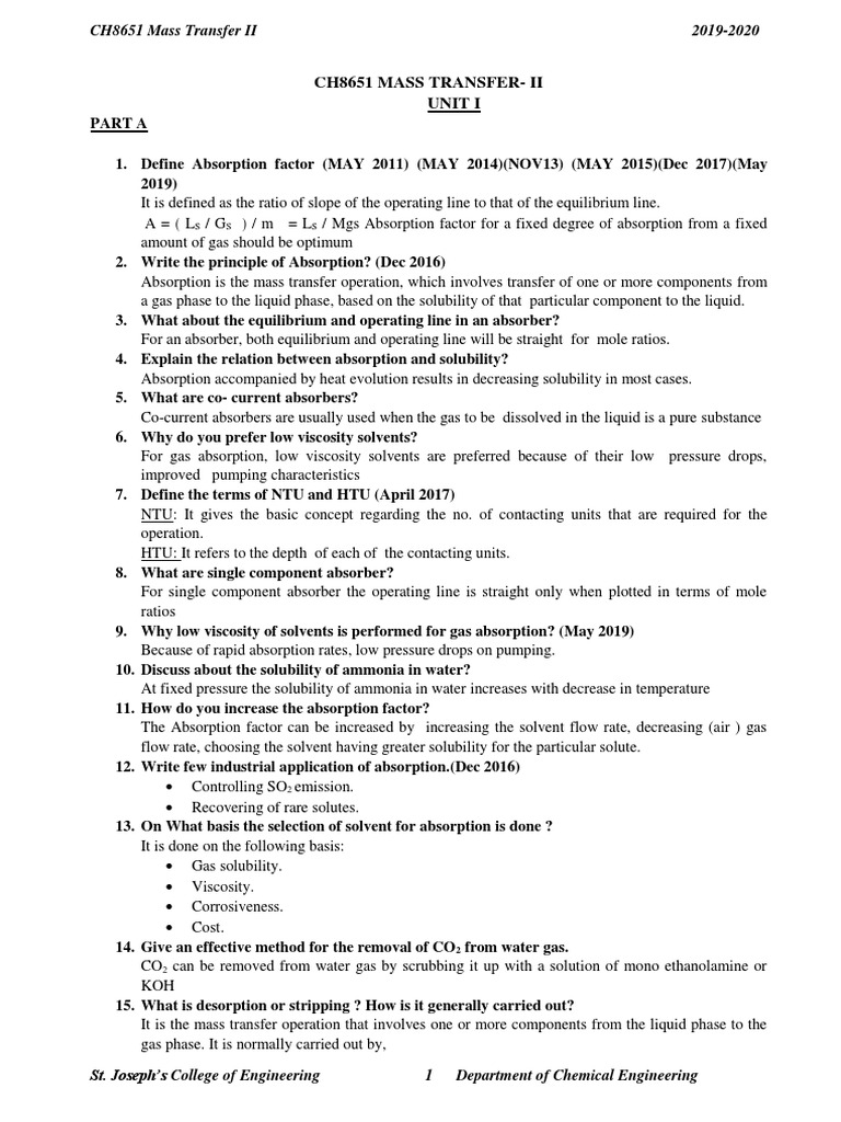 Ch8651 Mass Transfer-Ii Unit I | PDF | Distillation | Solubility