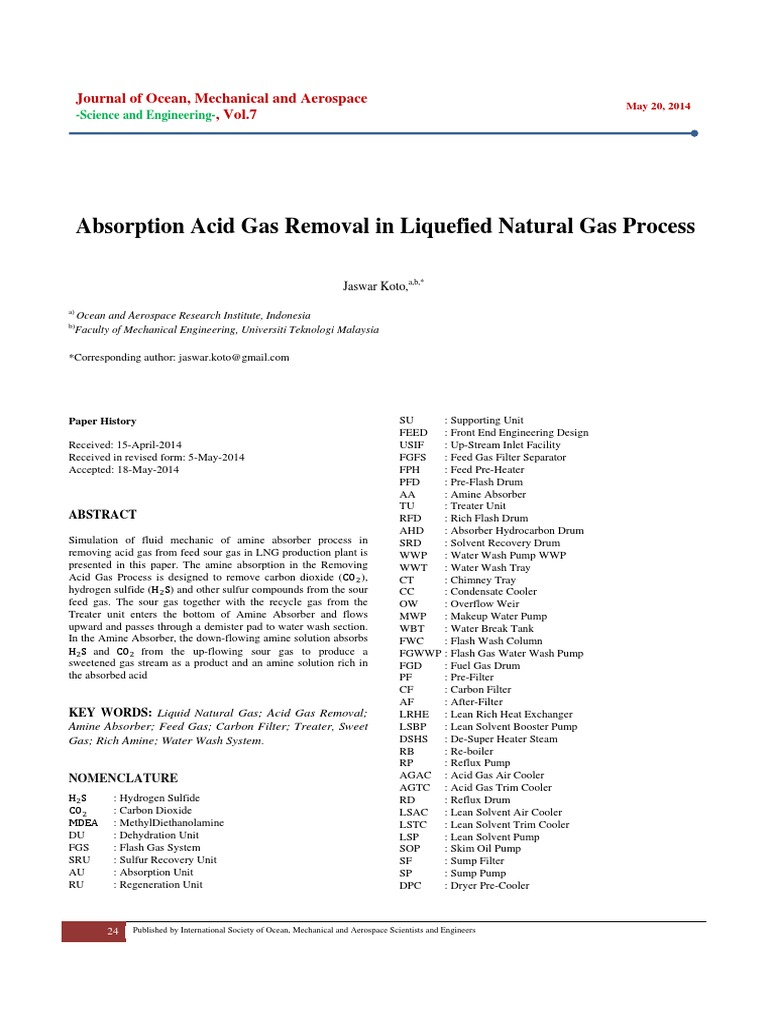 Absorption Acid Gas Removal in Liquefied Natural Gas Process | PDF ...