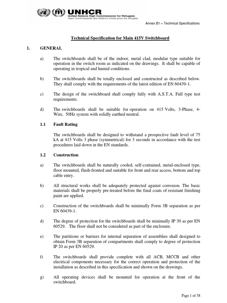 415V Switchboard Technical Specifications | PDF | Electrical Wiring ...